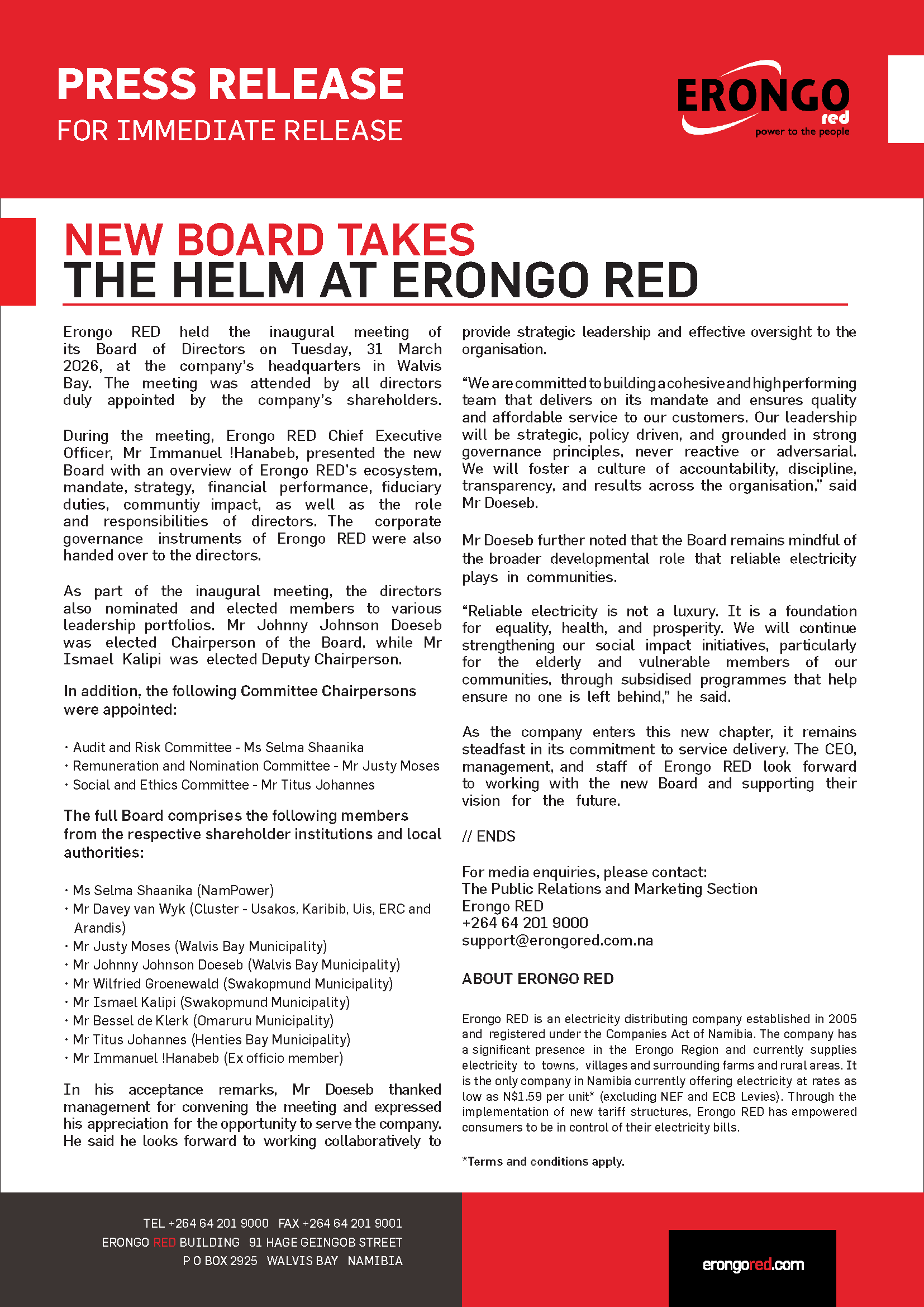 NEW BOARD TAKES THE HELM AT ERONGO RED - ErongoRED